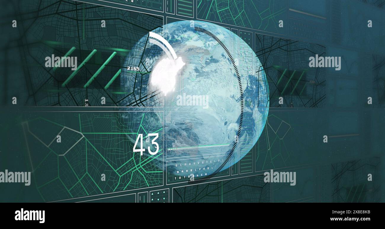 Image of changing numbers, map, loading circle and navigation pattern against globe Stock Photo ...