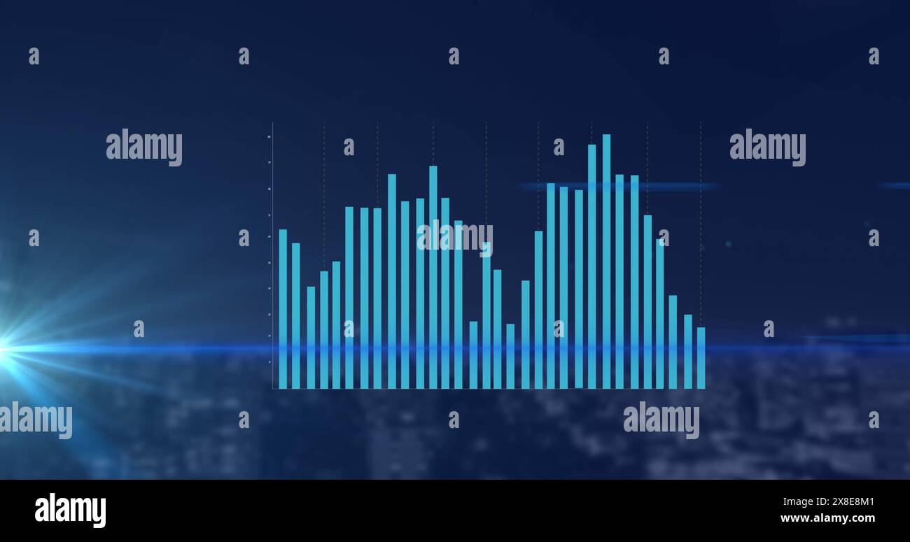 Image of statistical data processing and blue light spot against aerial ...