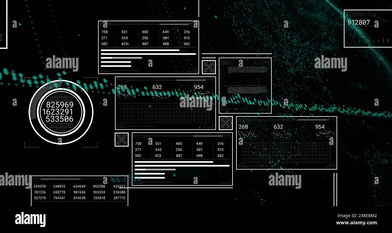 Image of interfaces with data processing against black background Stock ...