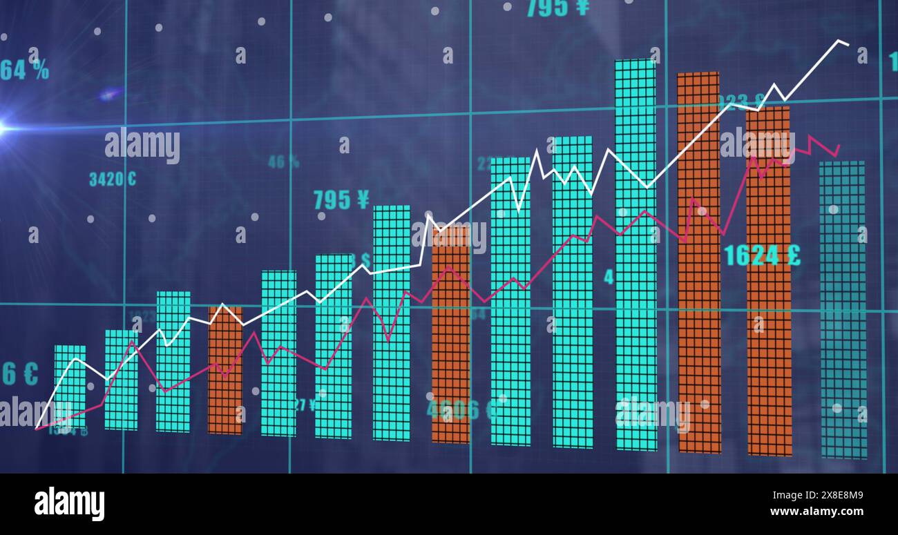 Image of statistical data processing over grid network against tall buildings Stock Photo - Alamy