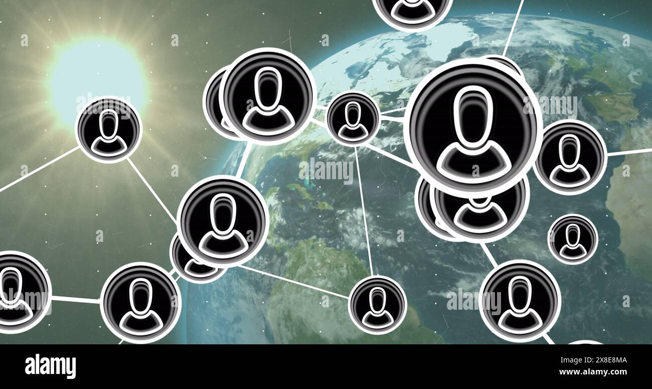 Image of network of connections with icons over globe and sun on black ...