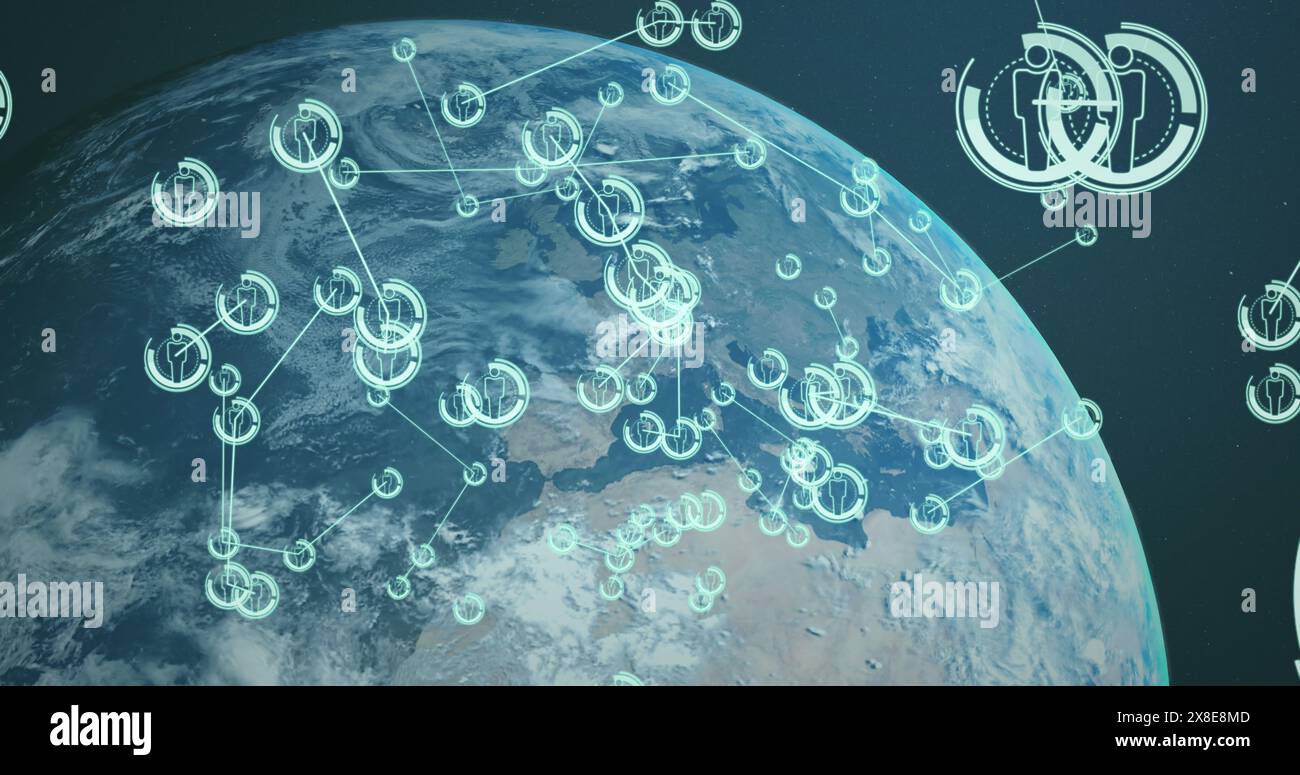 Image of icons connected with lines over globe against abstract background Stock Photo - Alamy