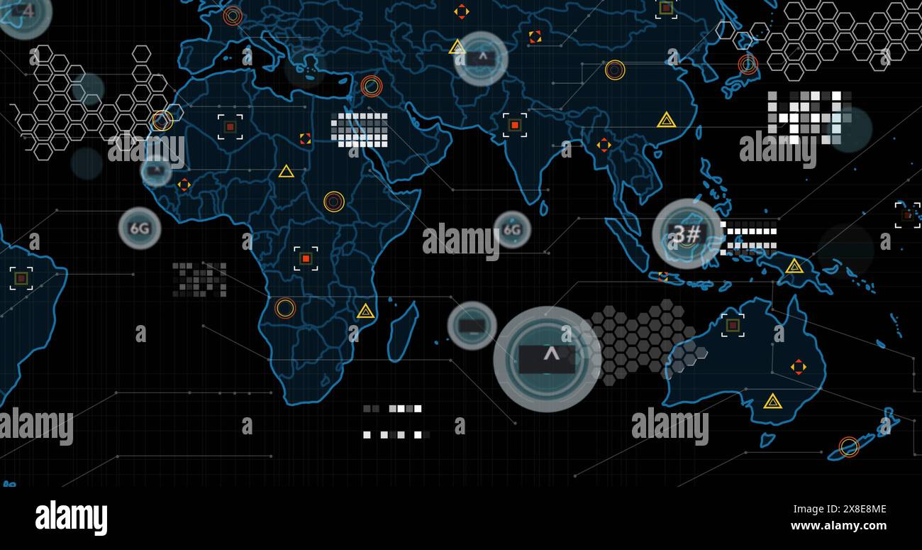World map showing tech icons on dark grid background Stock Photo - Alamy
