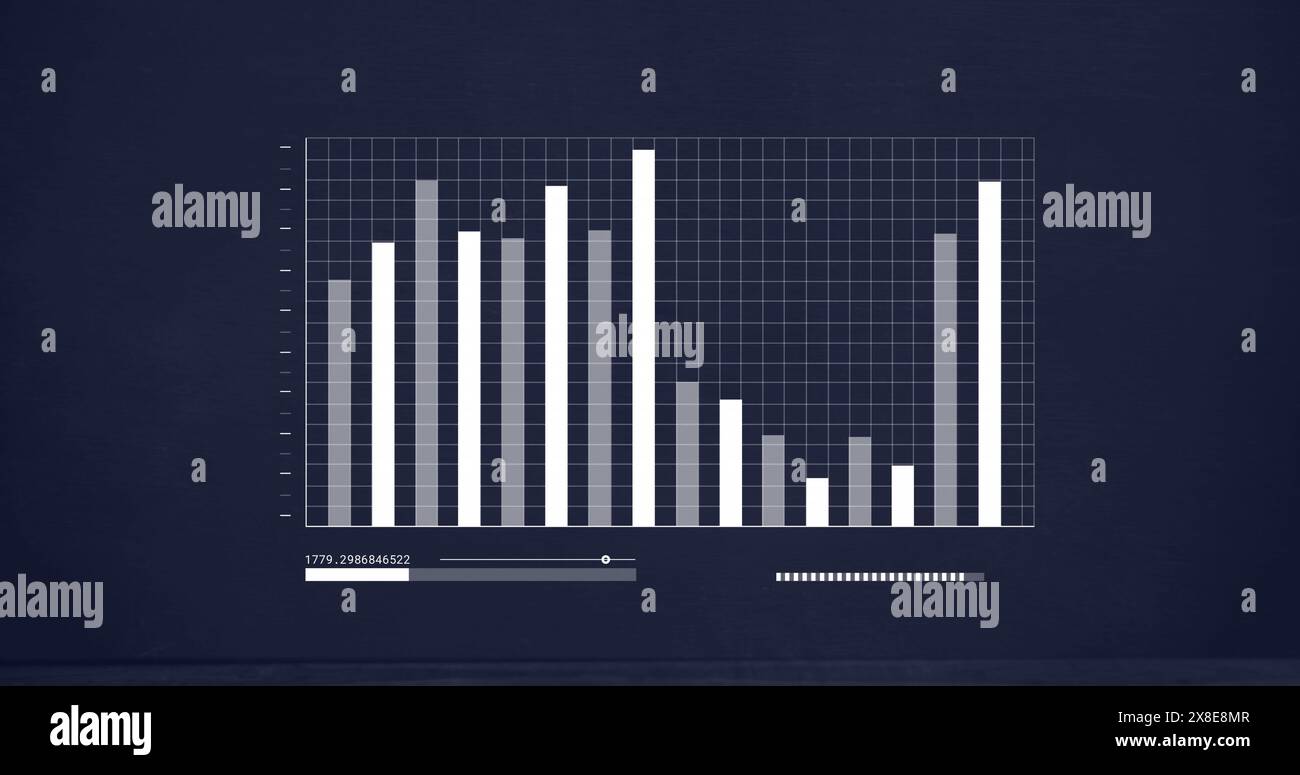 Image of lines with changing numbers over graph and loading bar against circuit board pattern ...
