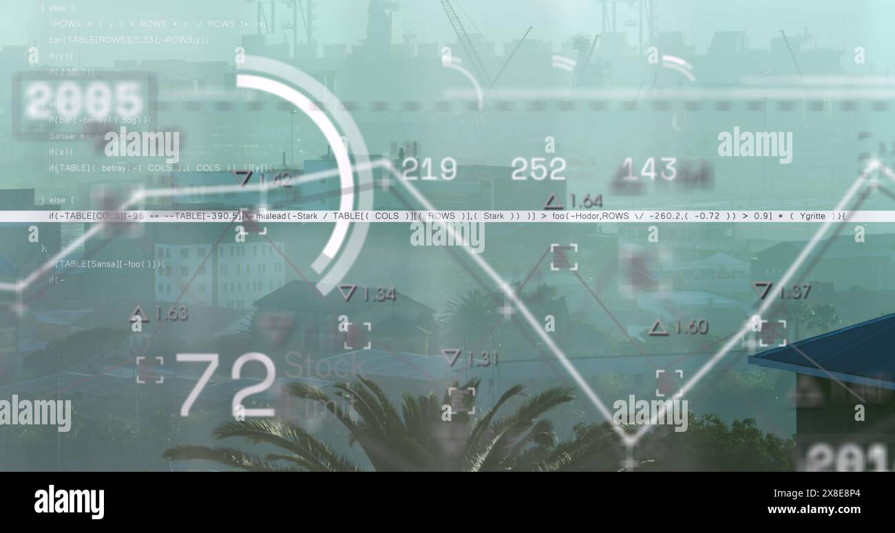 Image of glitch effect over stock market data processing against aerial ...