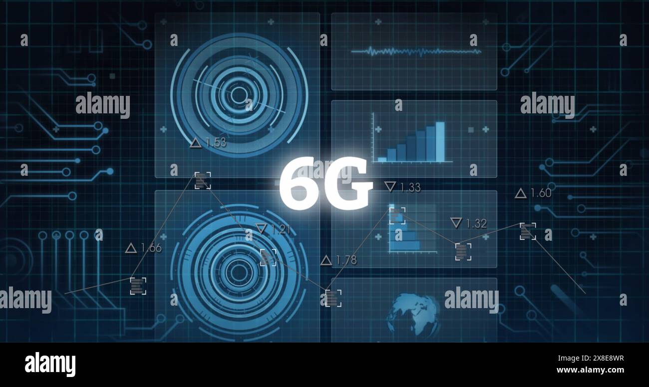 Image of 6g text, scopes scanning and data processing over grid Stock Photo - Alamy