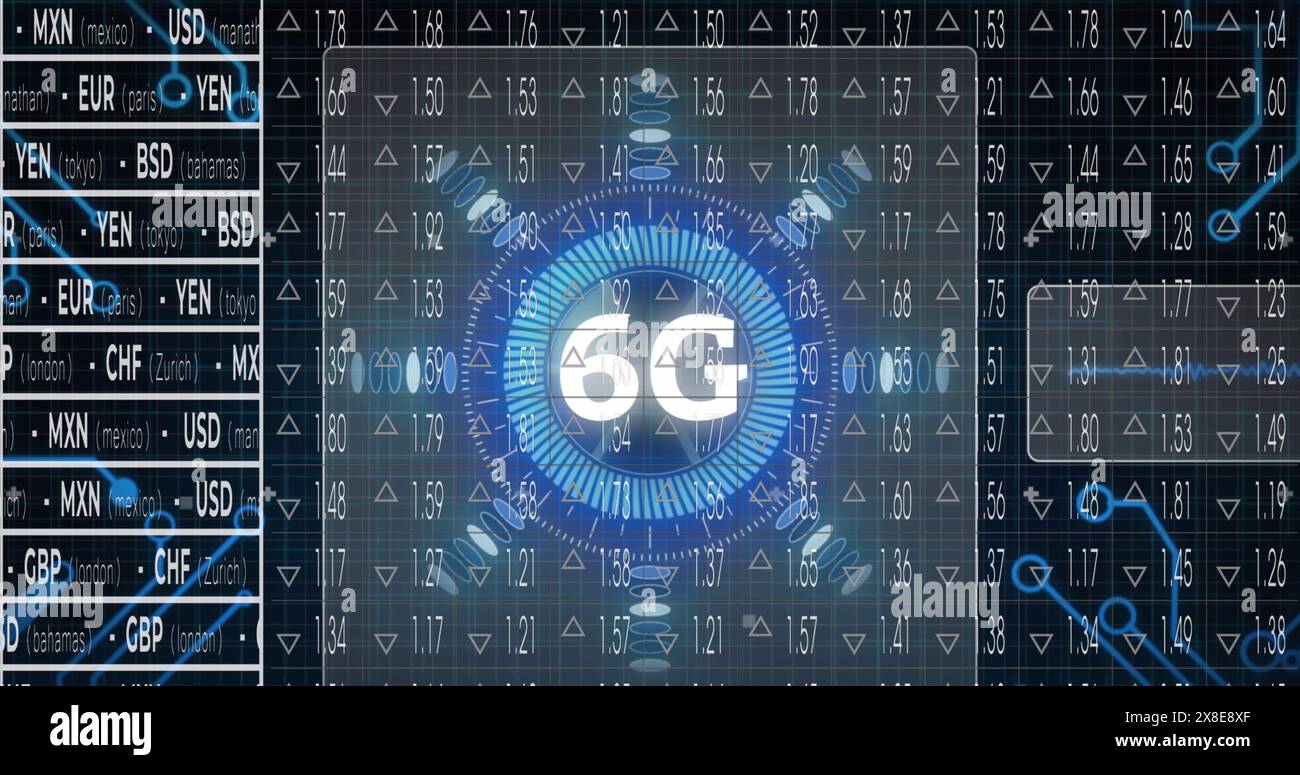 Image of 6g text, scope scanning and data processing over grid Stock Photo - Alamy