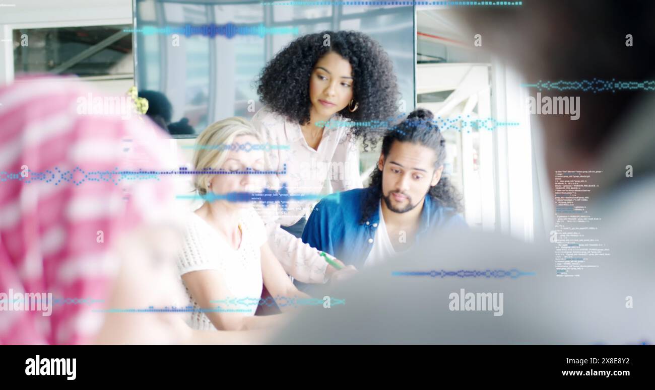 Image Of Data Processing Against Team Of Diverse Colleagues Discussing