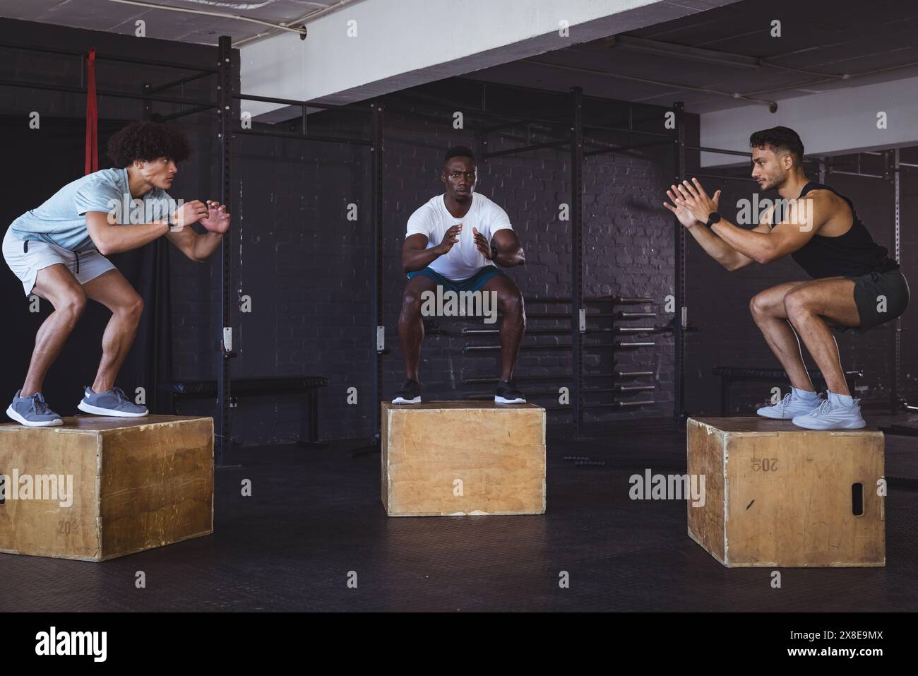 Three fit young diverse men training with wooden boxes at gym ...