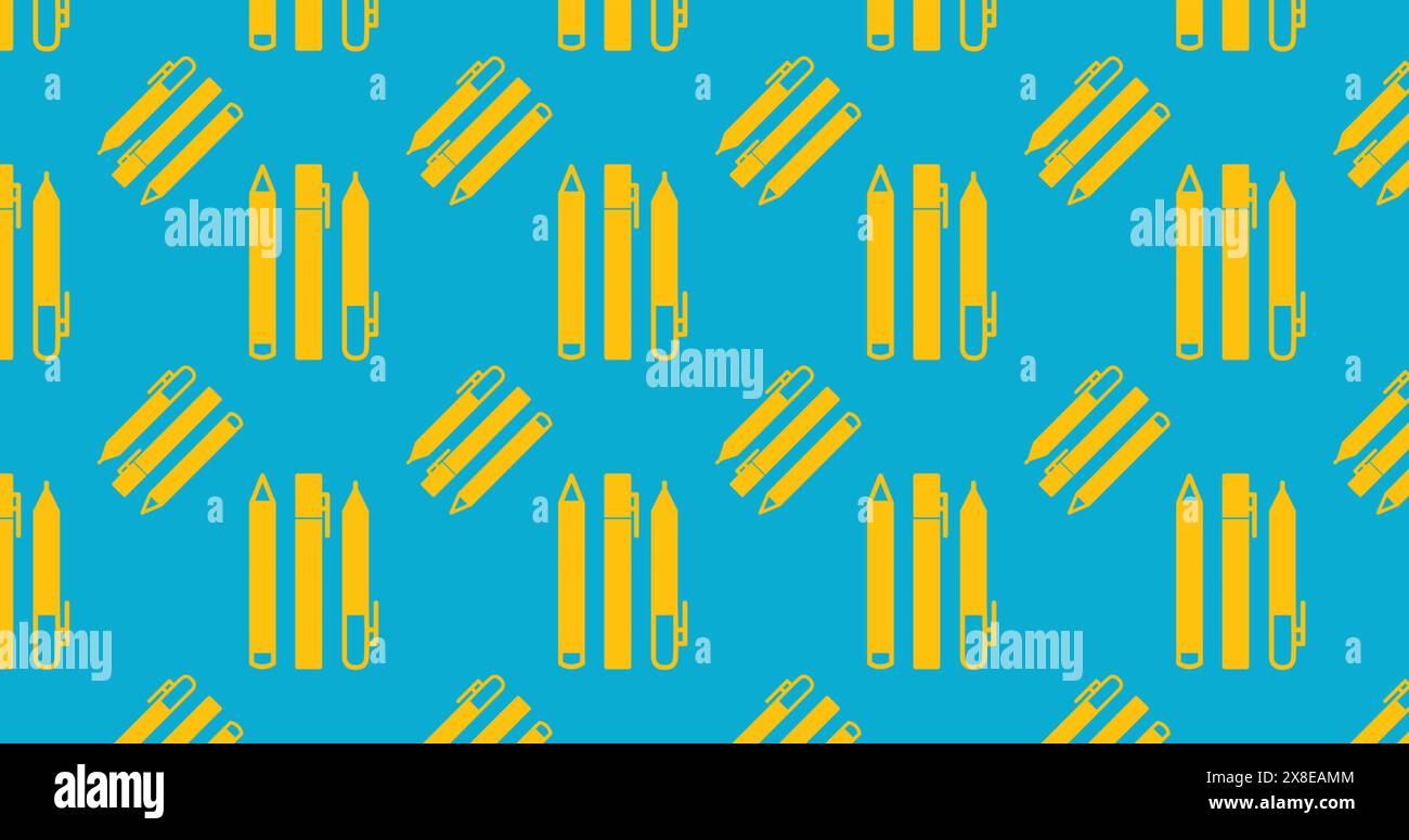 Image of yellow pens and pencils pattern over blue background Stock ...