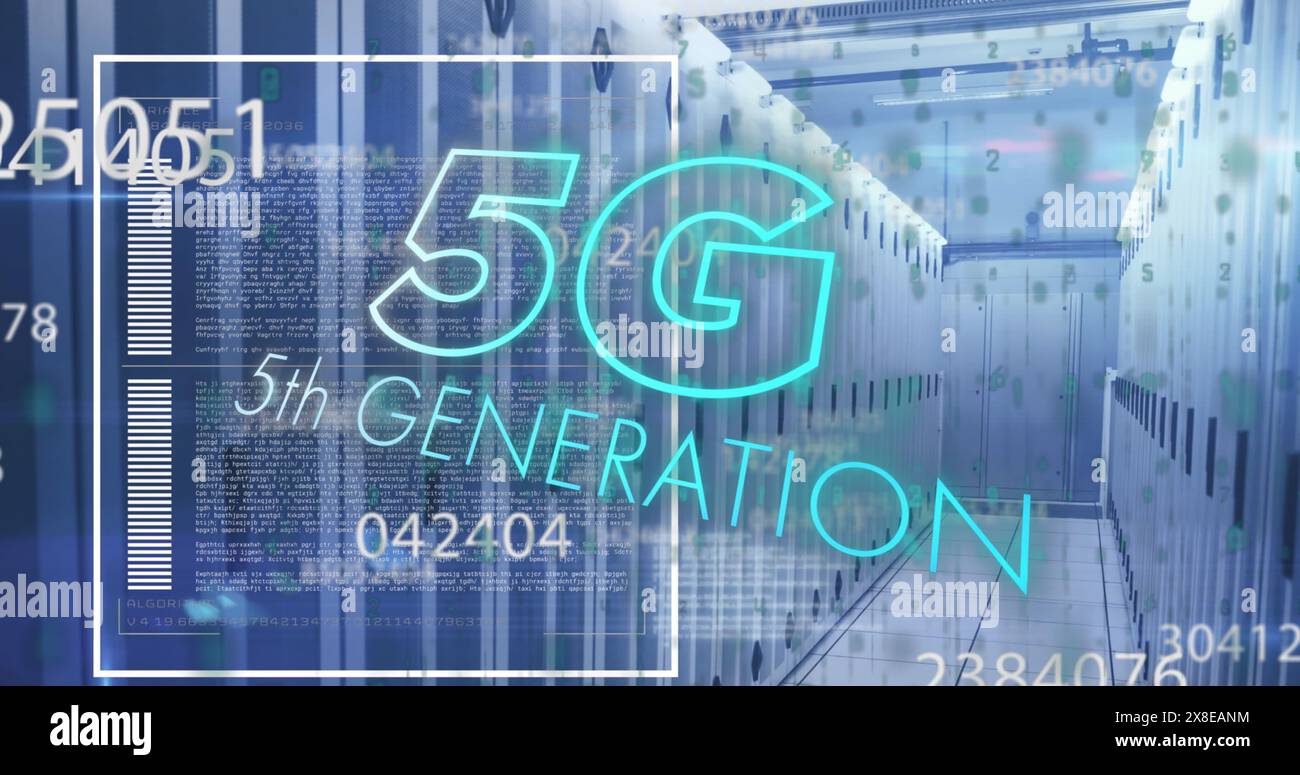Image of 5g text banner, changing numbers and data processing against computer server room Stock ...