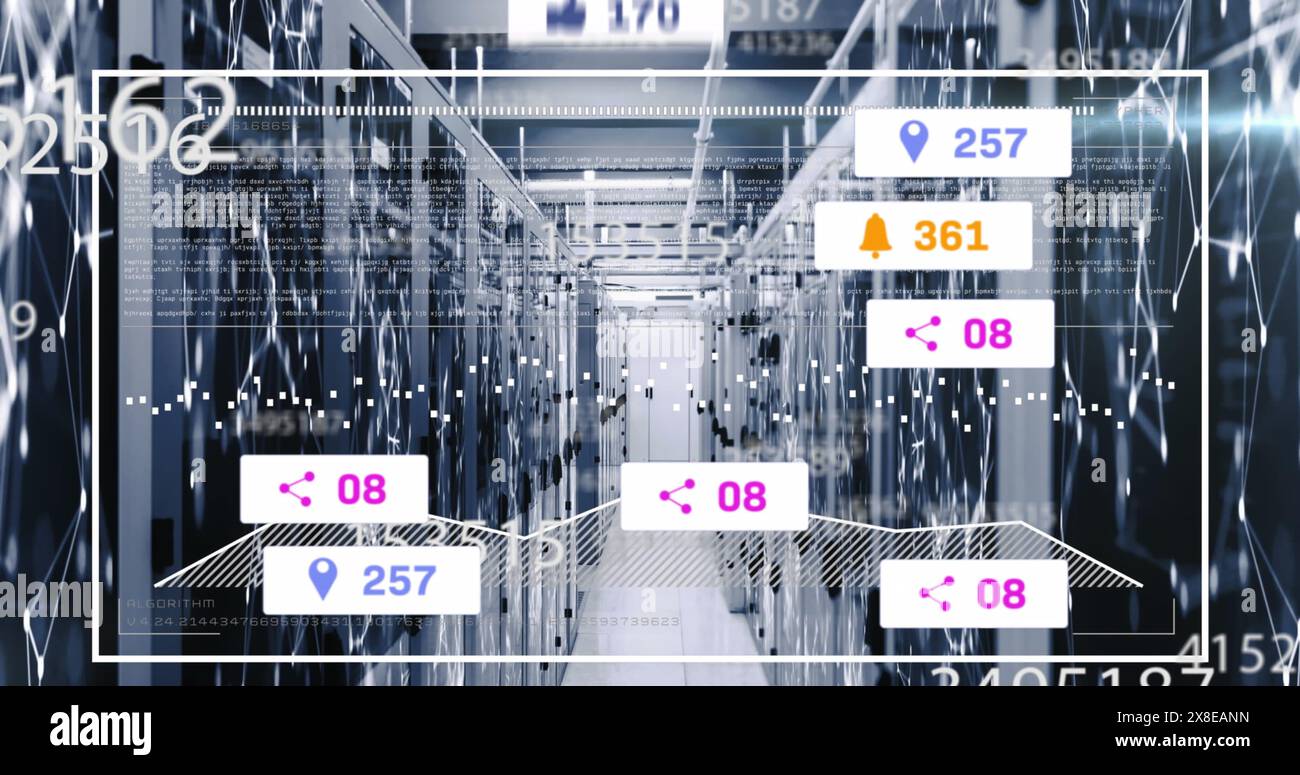 Image of social media icons, changing numbers and data processing against computer server room ...