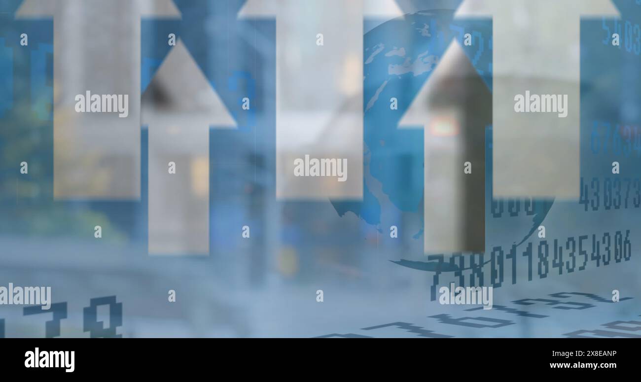 Image of arrow icons moving upwards, spinning globe, changing numbers over view of city traffic ...