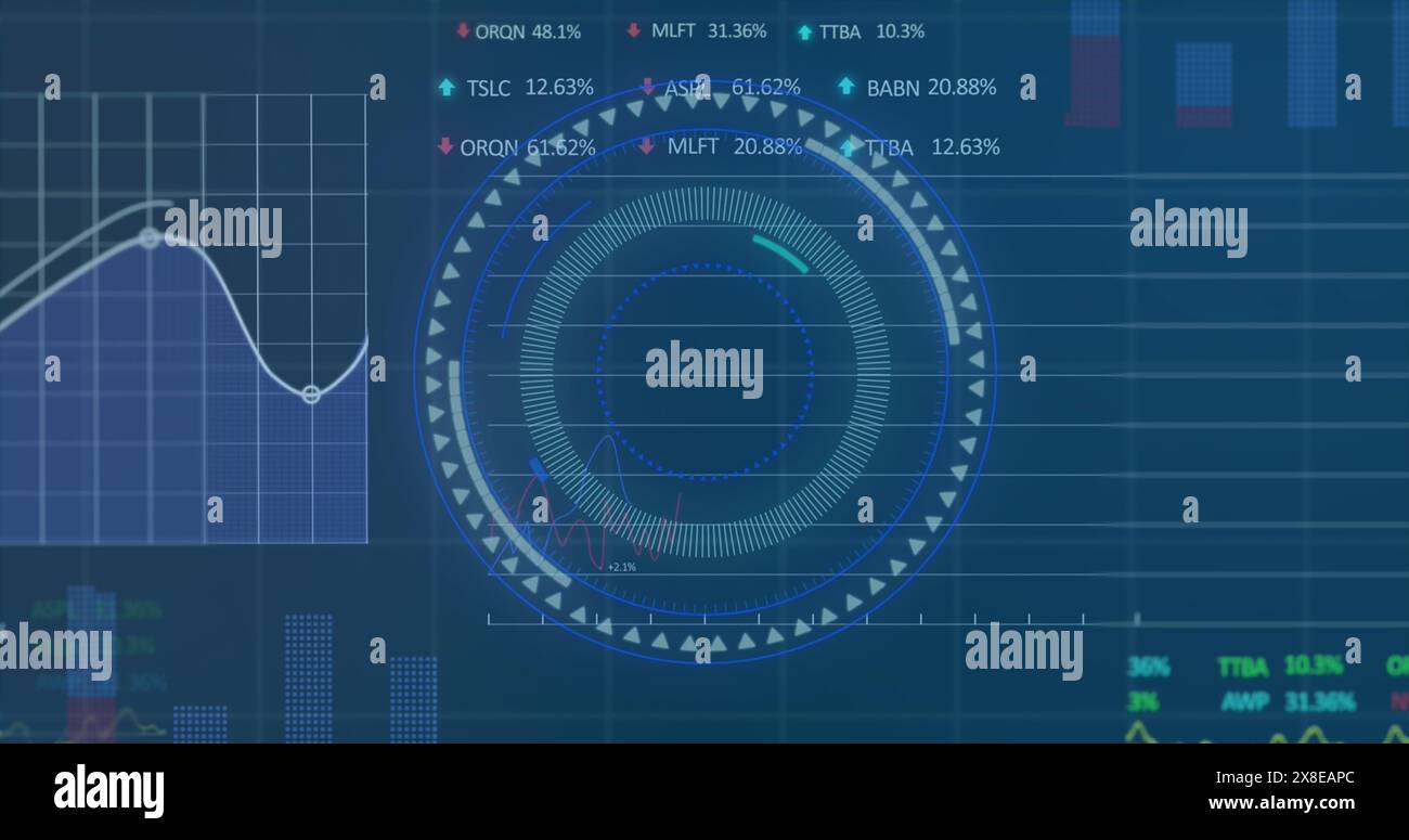 Image of illuminated circles over multiple graphs and trading boards on abstract background ...