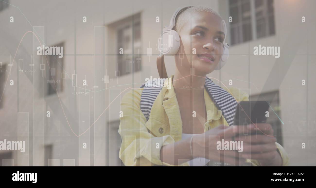 Image of statistical data processing over happy biracial woman using ...