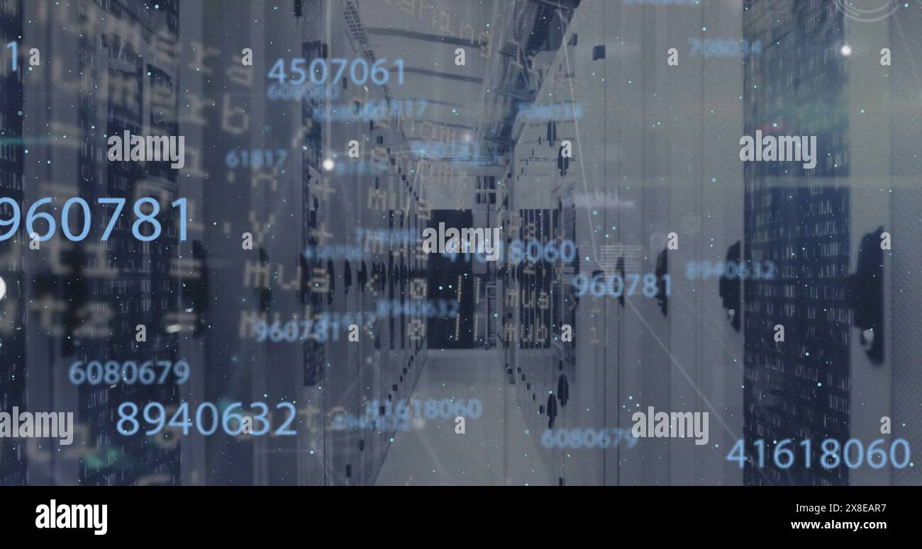 Image of changing numbers, data processing and network of connections against server room Stock ...