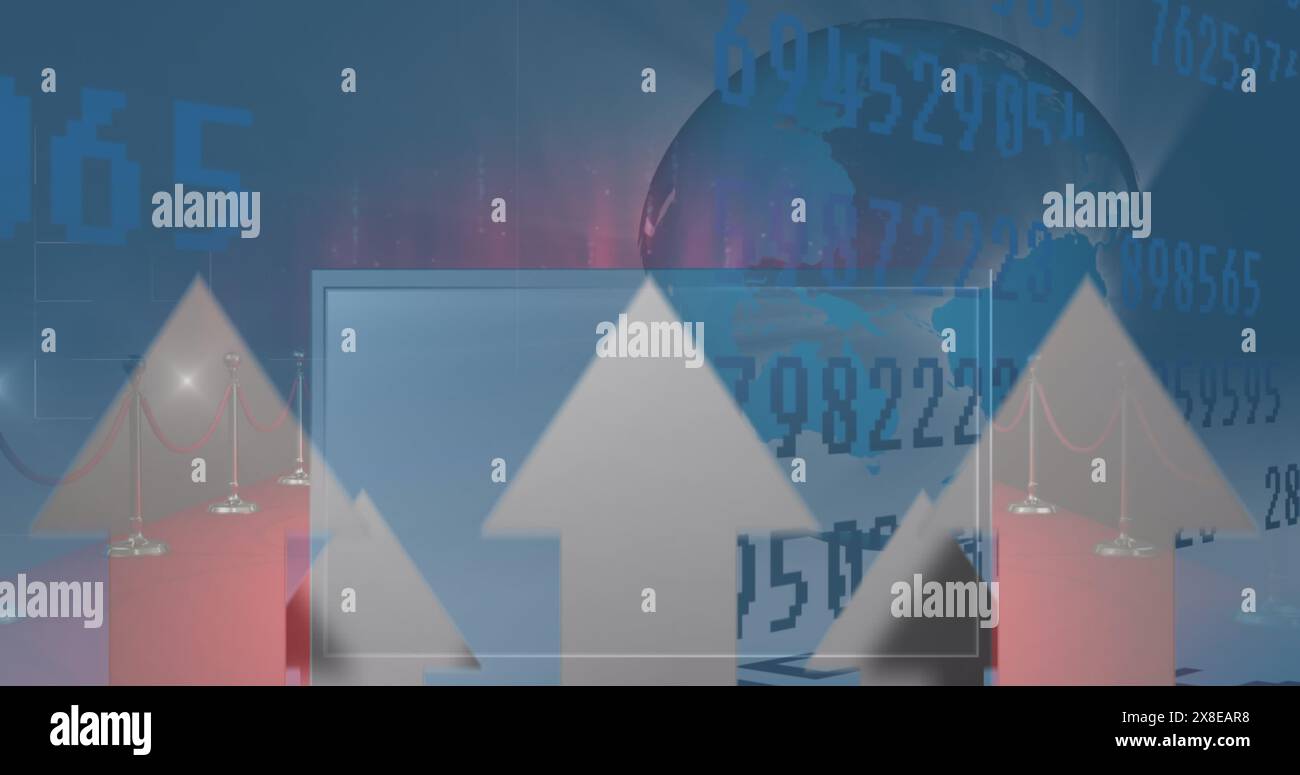 Image of arrow icons moving upwards, spinning globe, changing numbers against red carpet Stock ...