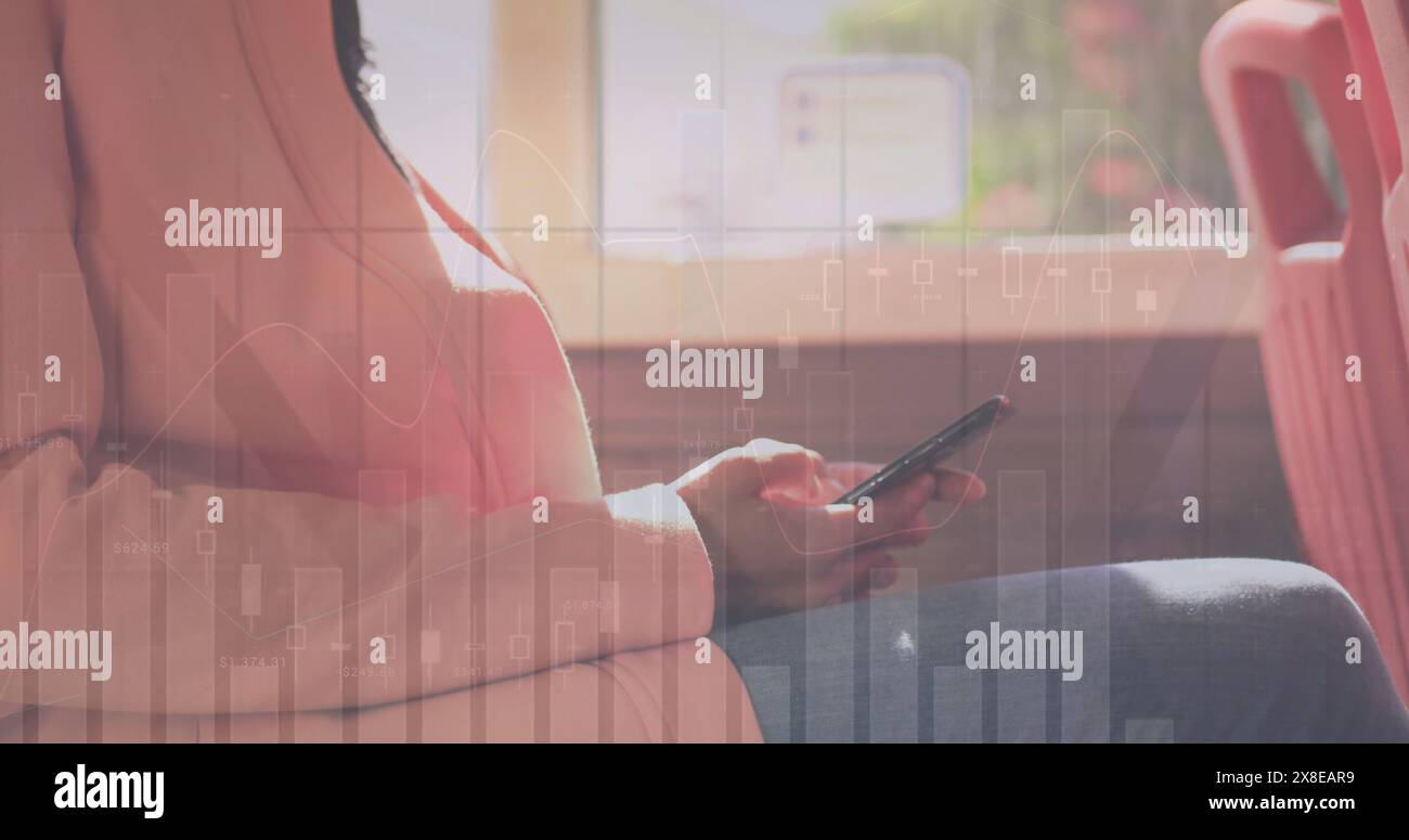 Image Of Statistical Data Processing Over Mid Section Of A Woman Using Smartphone In The Bus