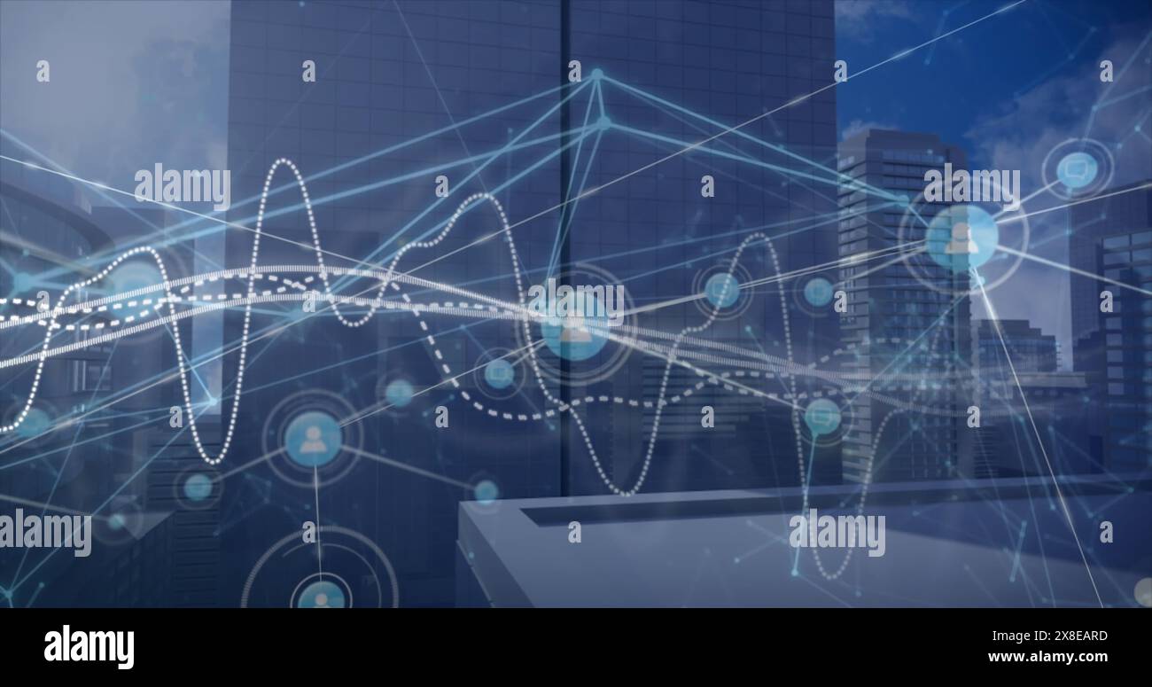 Image of graphs over connected icons and modern buildings against ...