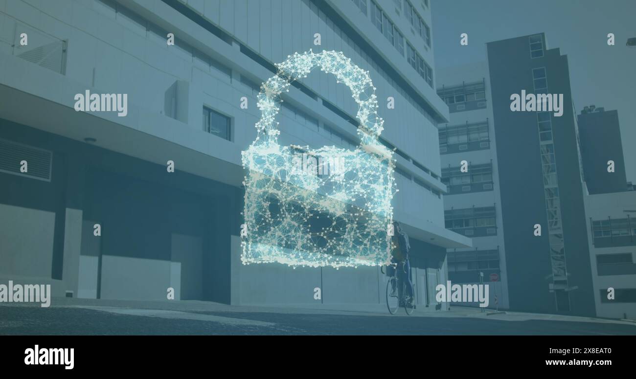 Image of network of connections forming cloud and security padlock icon against tall buildings ...