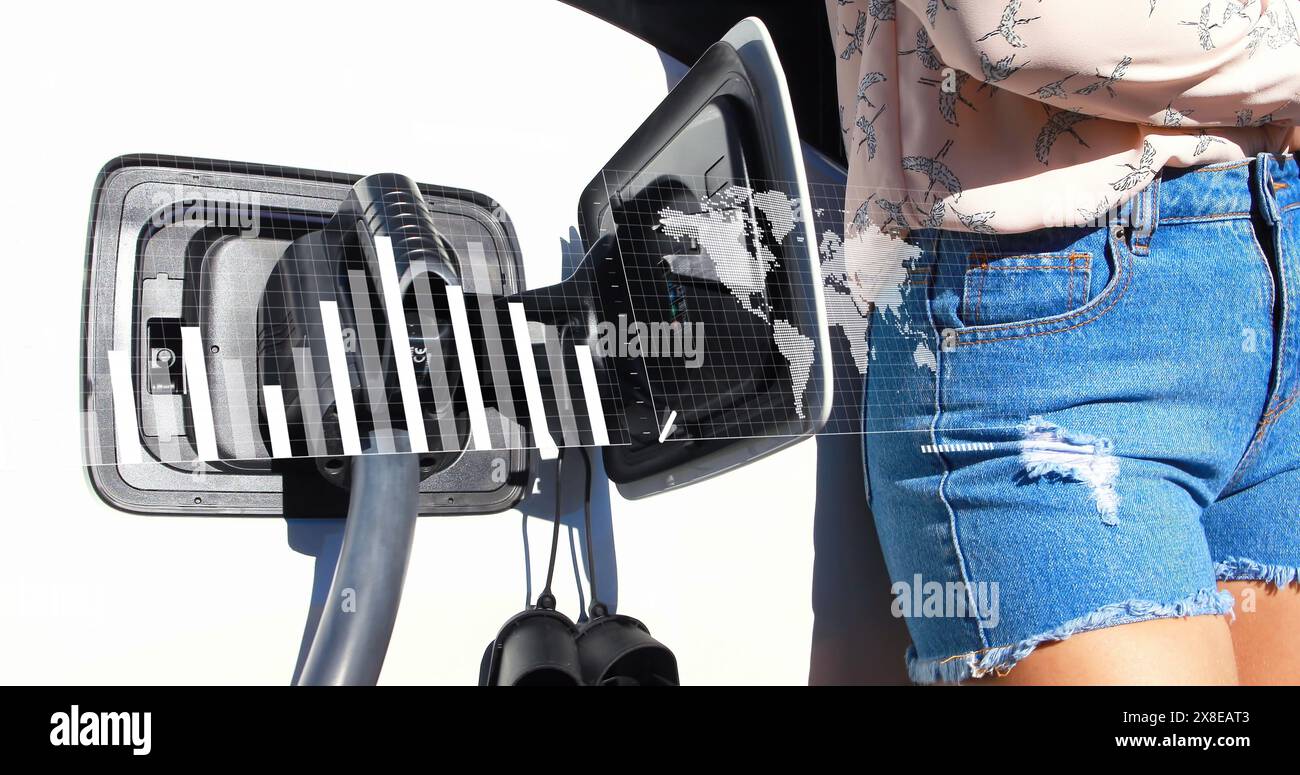 Image Of Statistical Data Processing Over Mid Section Of Woman Waiting While Her Car Is Charging