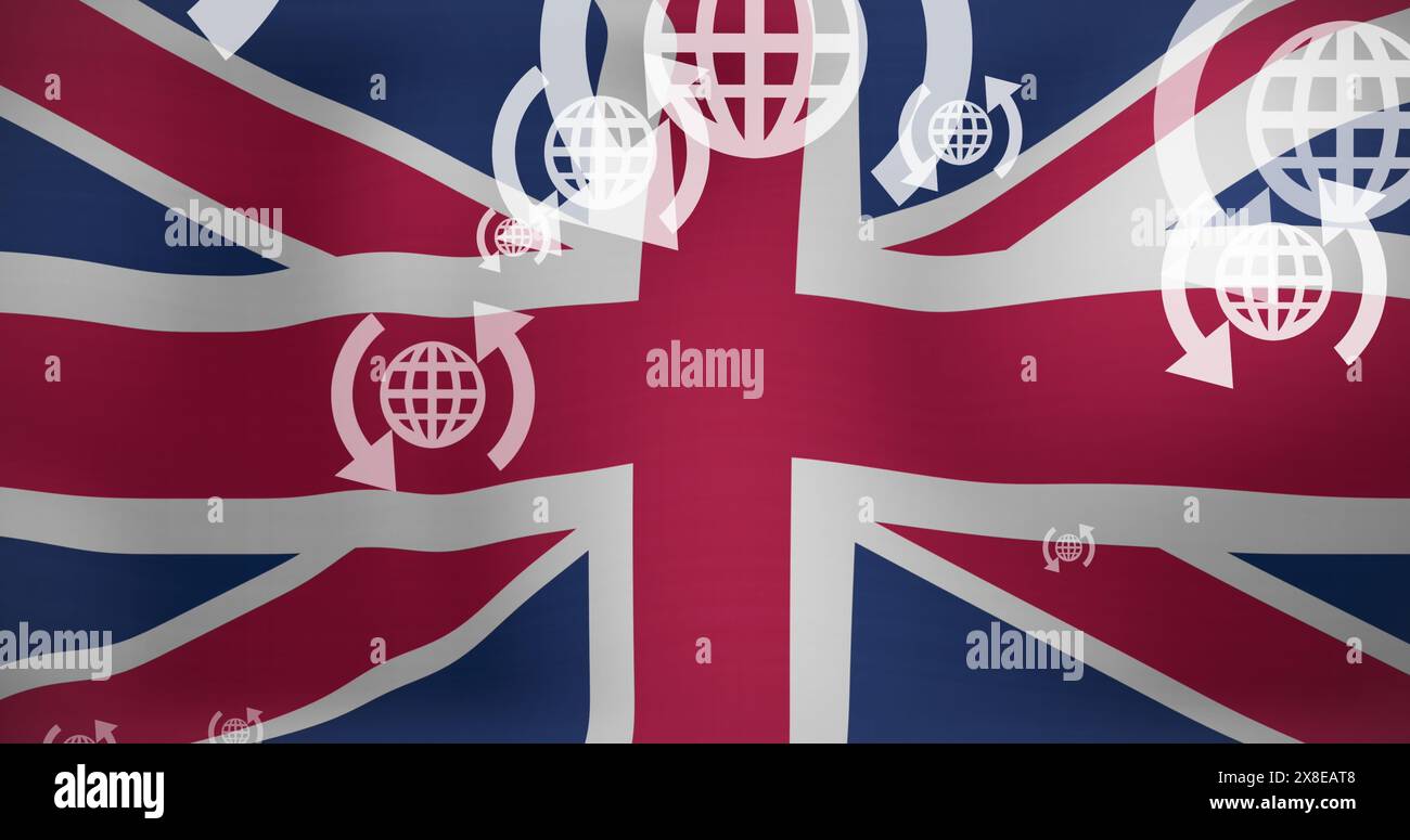 Image of globe with arrow signs moving over waving british flag Stock ...
