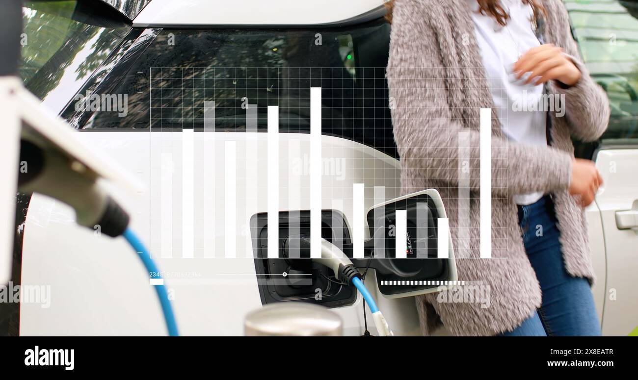 Image Of Statistical Data Processing Over Mid Section Of Woman Waiting While Her Car Is Charging