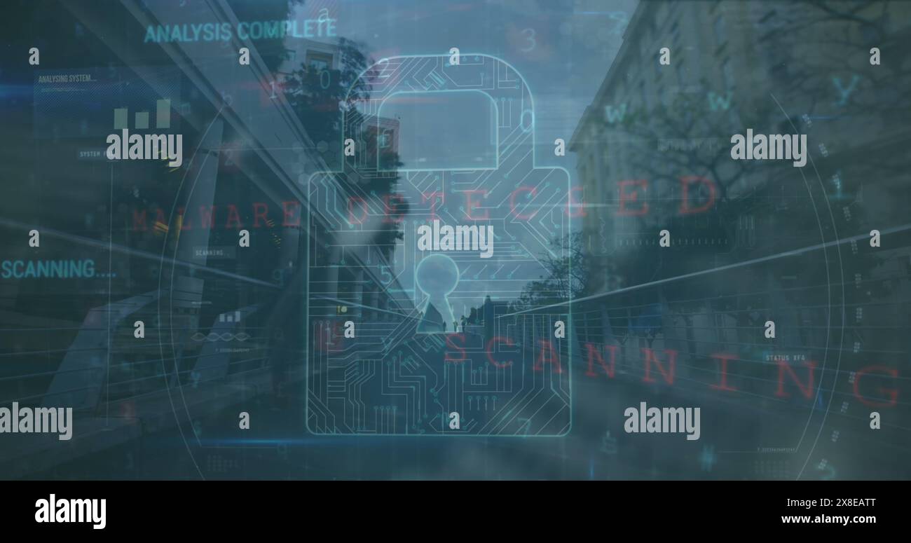 Digital interface shows Analysis Complete and Scanning over cityscape Stock Photo - Alamy
