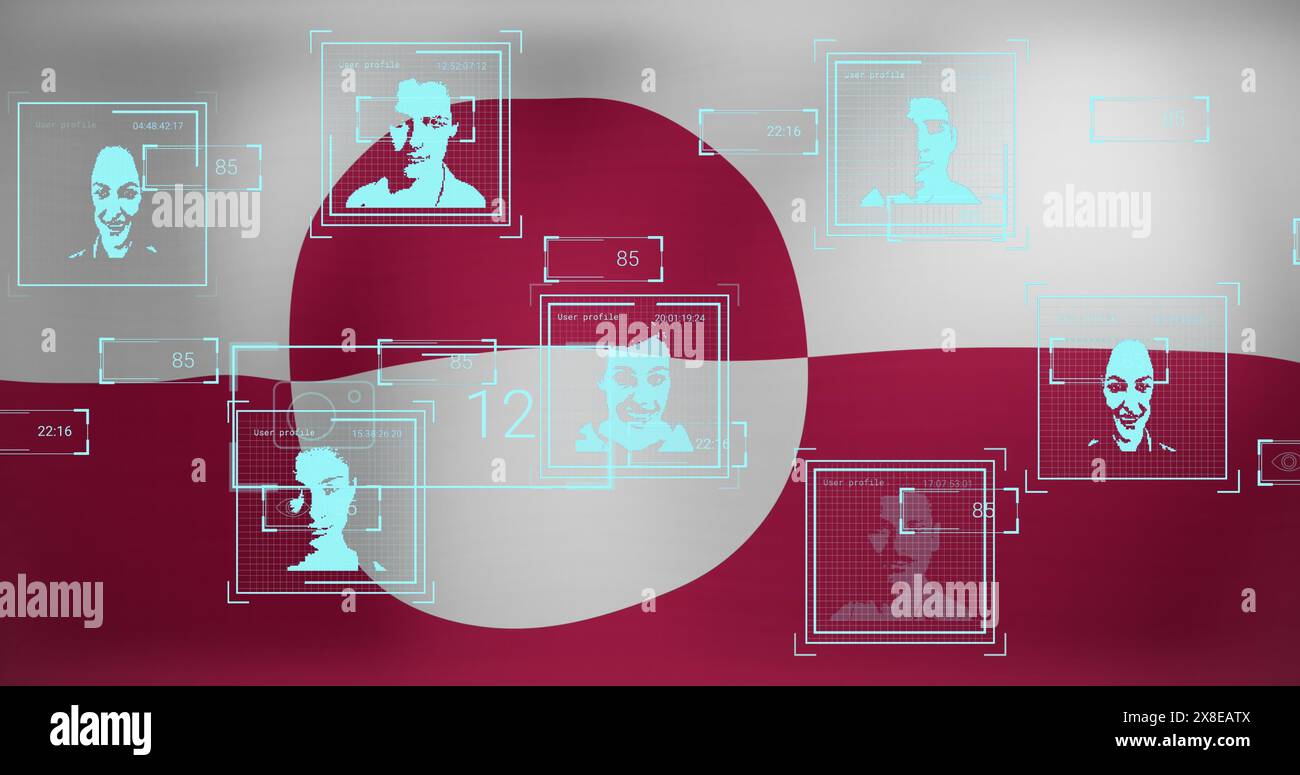 Image of people profiles and multiple computer icons and numbers over ...