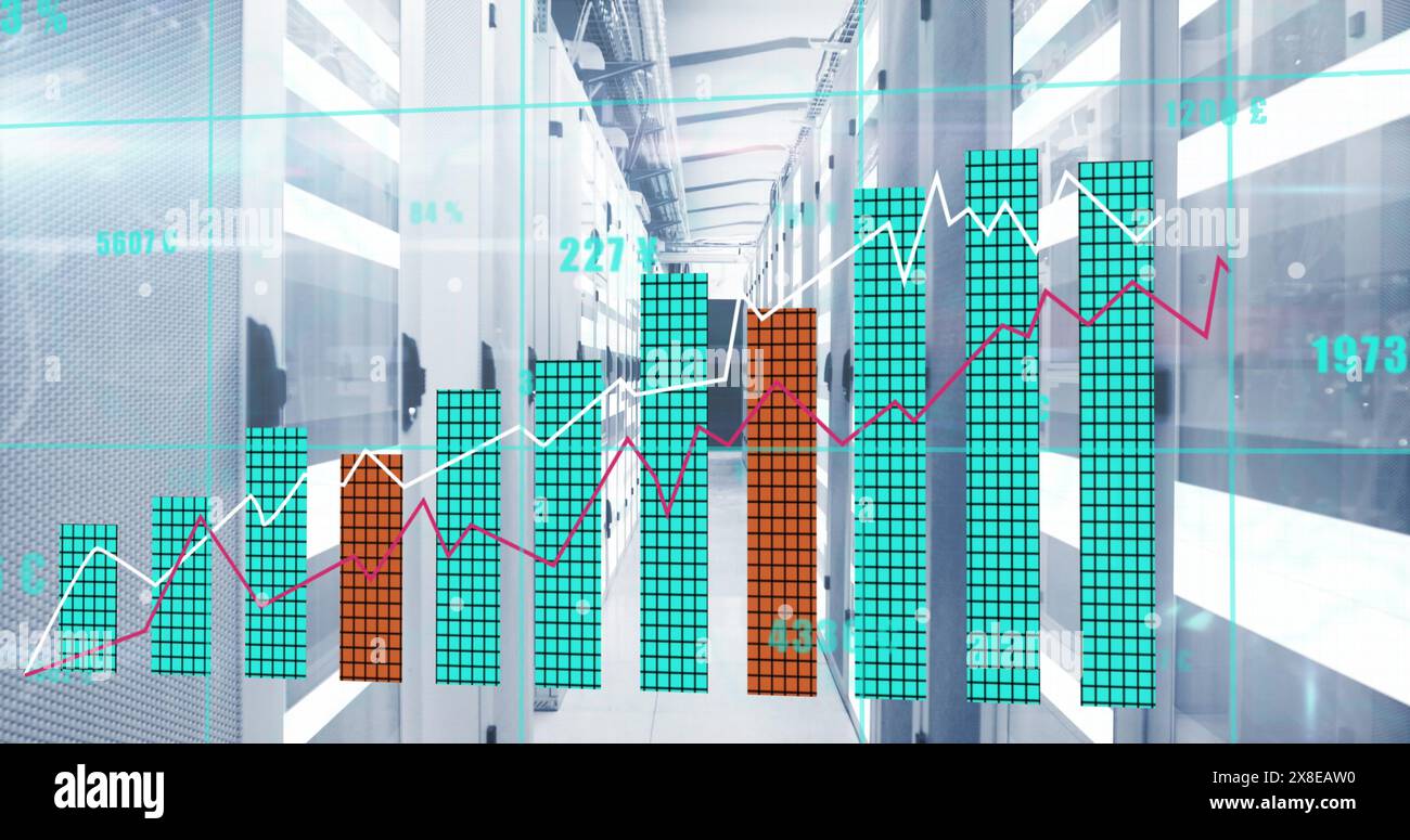 Image of multiple graphs with changing numbers and currency symbols over server room Stock Photo ...