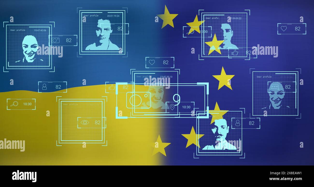 Image of people profiles and multiple computer icon over waving ukraine ...