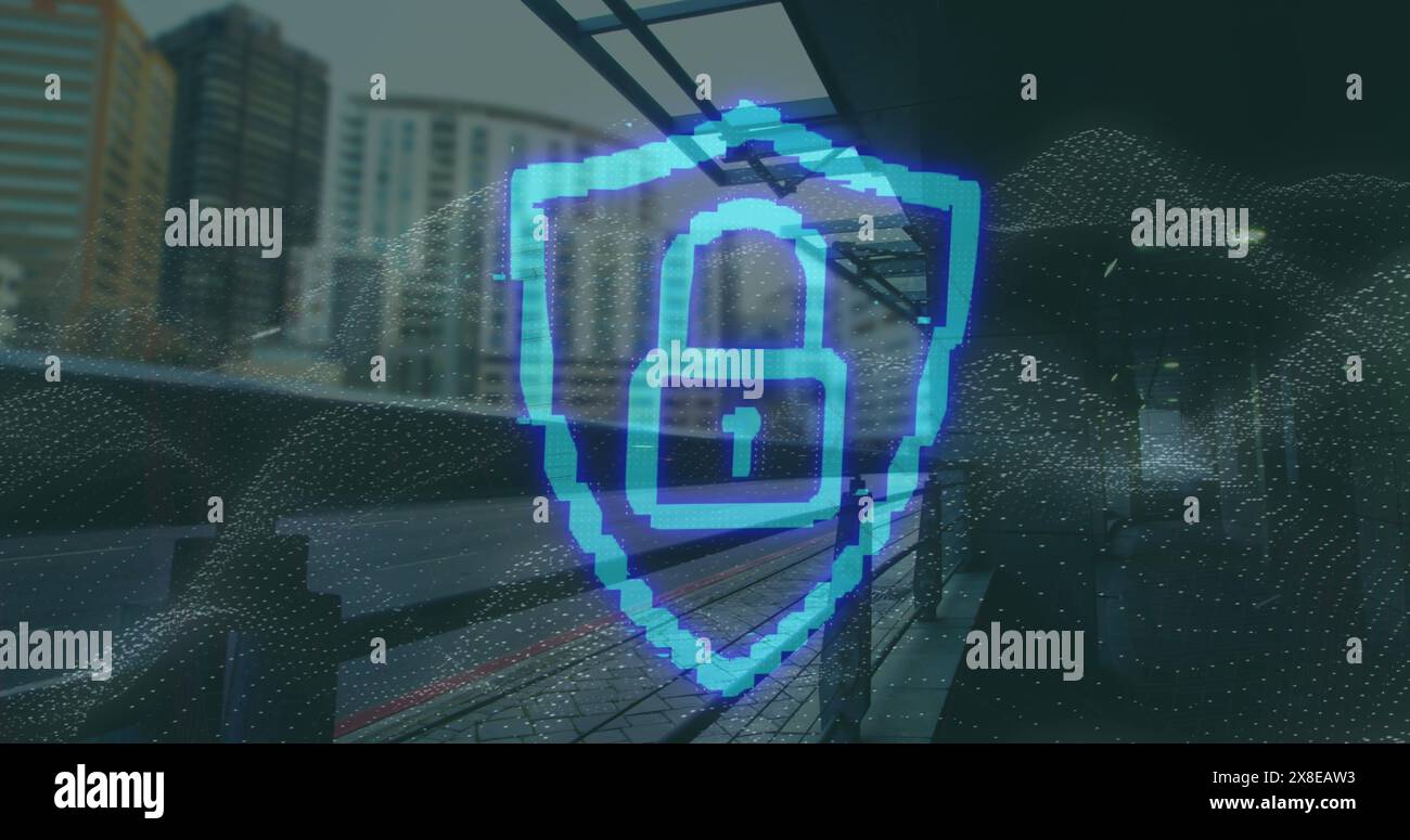 Image of neon blue security padlock and digital wave against time-lapse ...