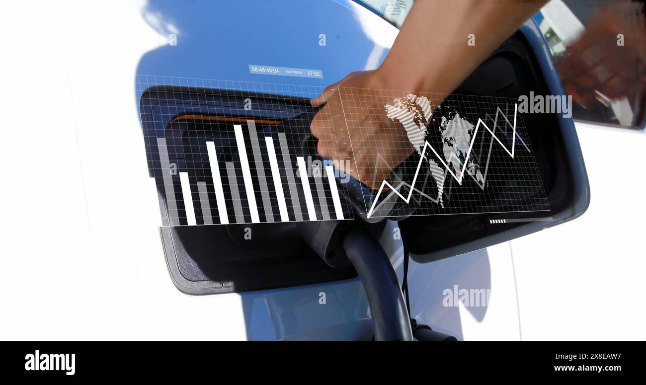 Caucasian woman wearing smart watch, studying graphs on a digital ...
