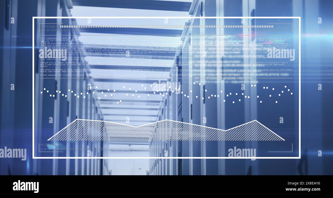 Image of graphs in rectangle and lens flares over server room Stock Photo - Alamy