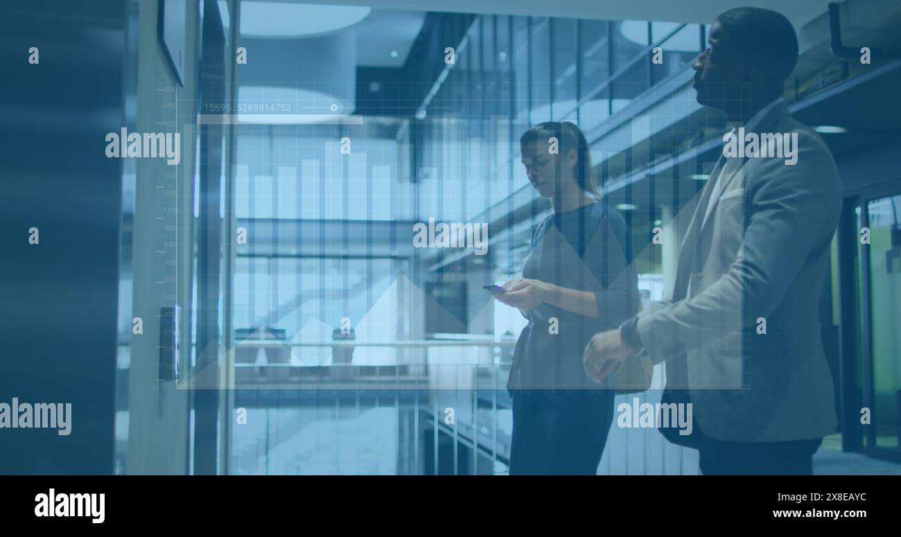 Image of graphs, diverse man looking at watch and woman using phone ...