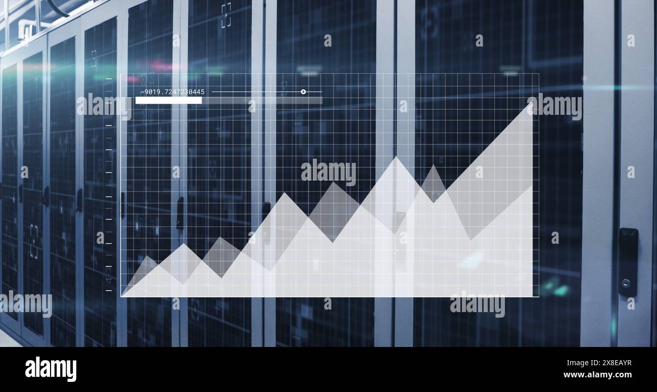 Image of graphs with loading bars and changing numbers against server room Stock Photo - Alamy
