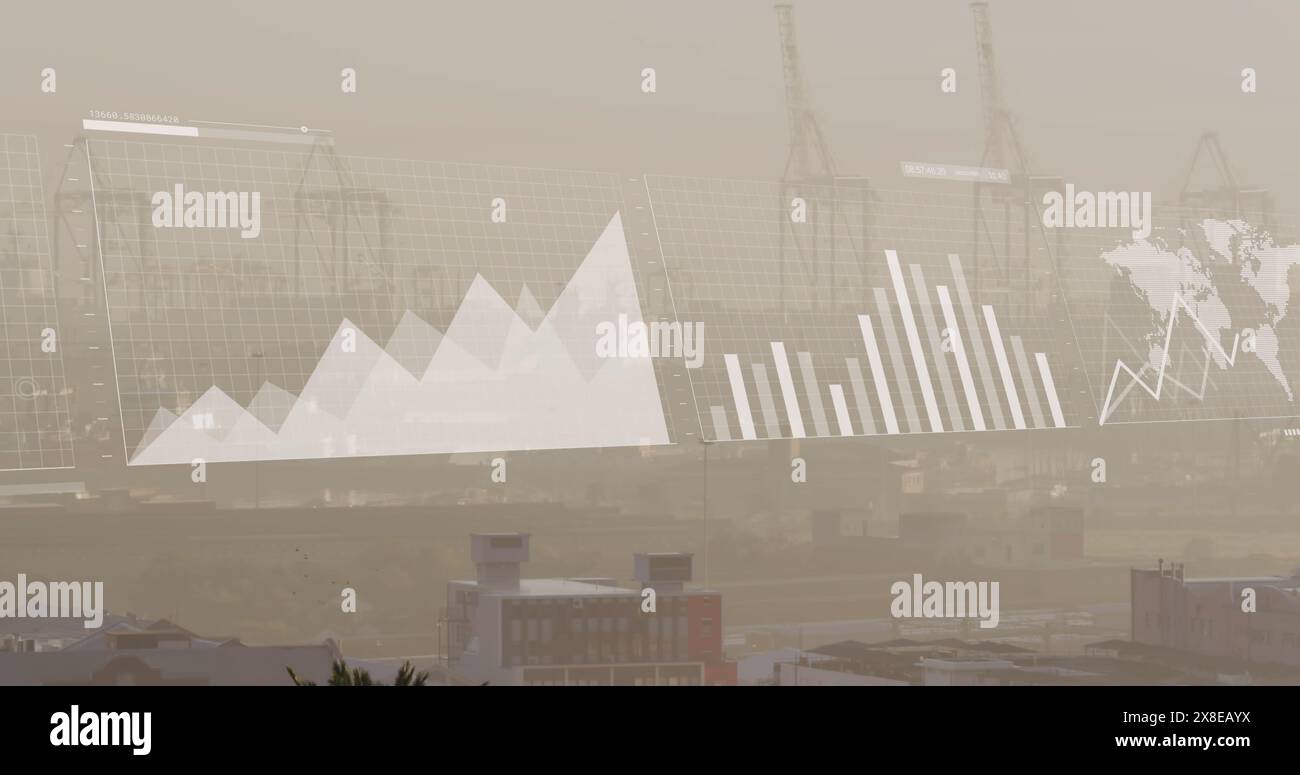 Image of multiple graphs, loading bars and map over aerial view of ...