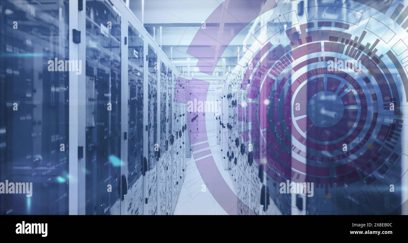 Image of arc reactor spinning over digital data racks in server room ...
