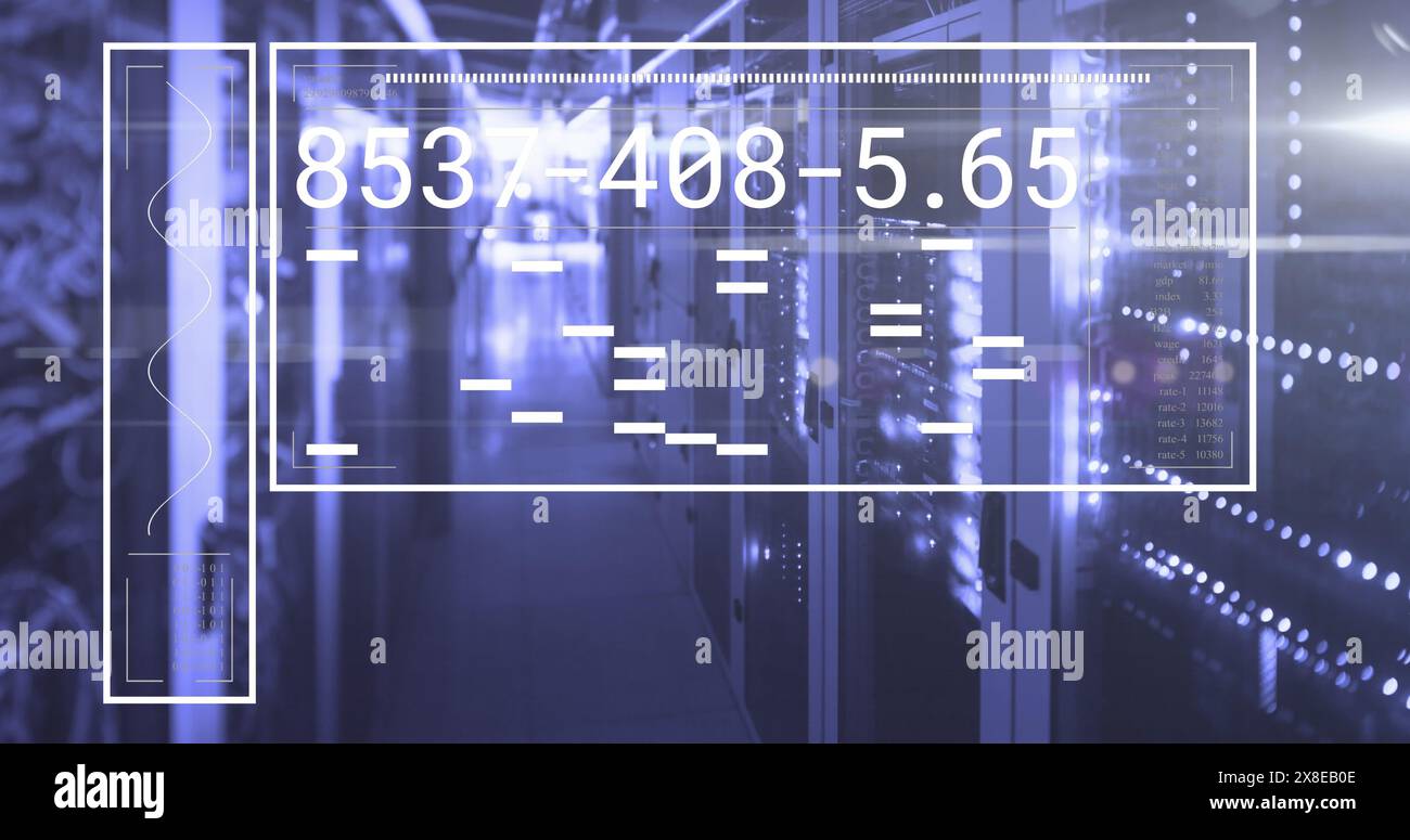 Image of screen with changing numbers and lines with lens flares over server room Stock Photo ...