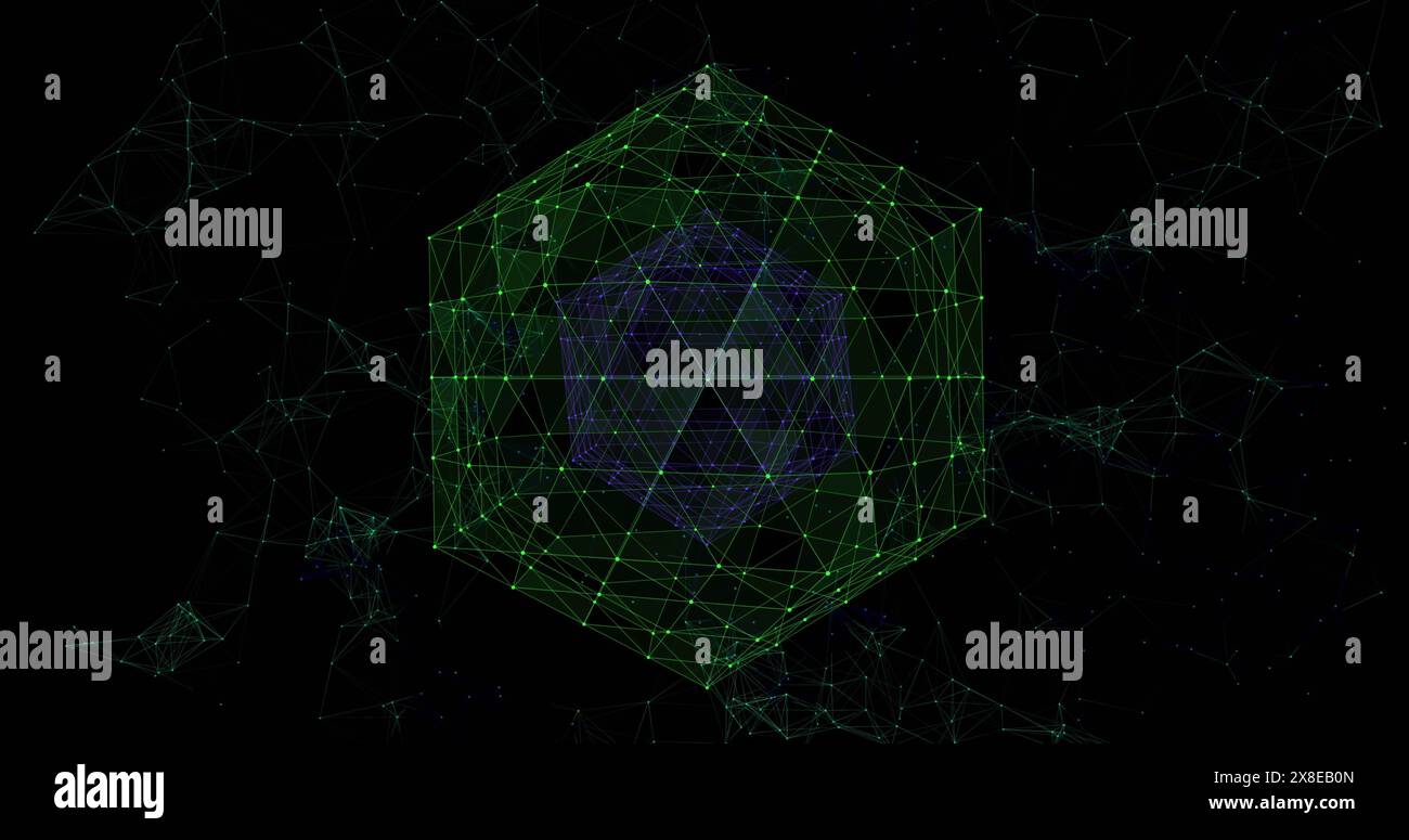 Green lines forming complex geometric shape are floating in digital ...