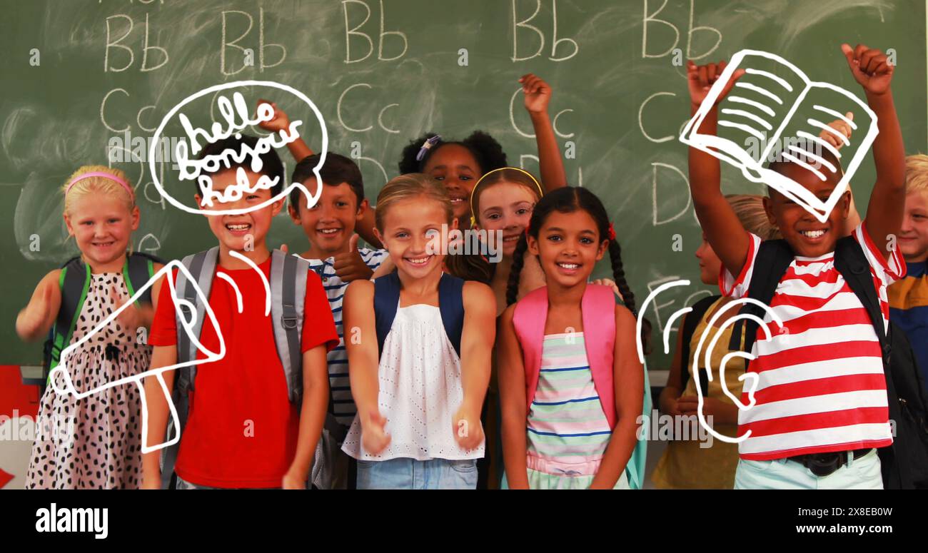 Diverse students holding books, smiling in front of chalkboard Stock ...