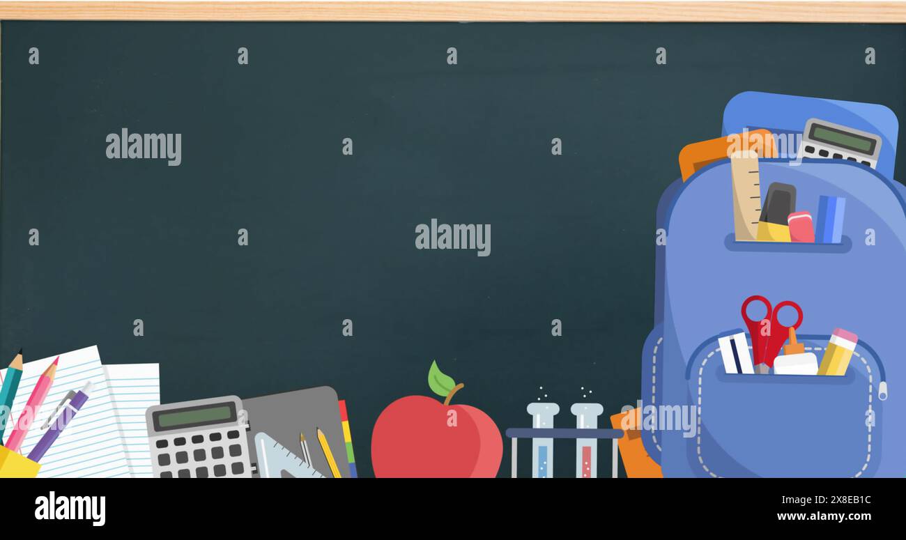 Colored pencils, notebooks, and an apple lie before a blackboard Stock ...