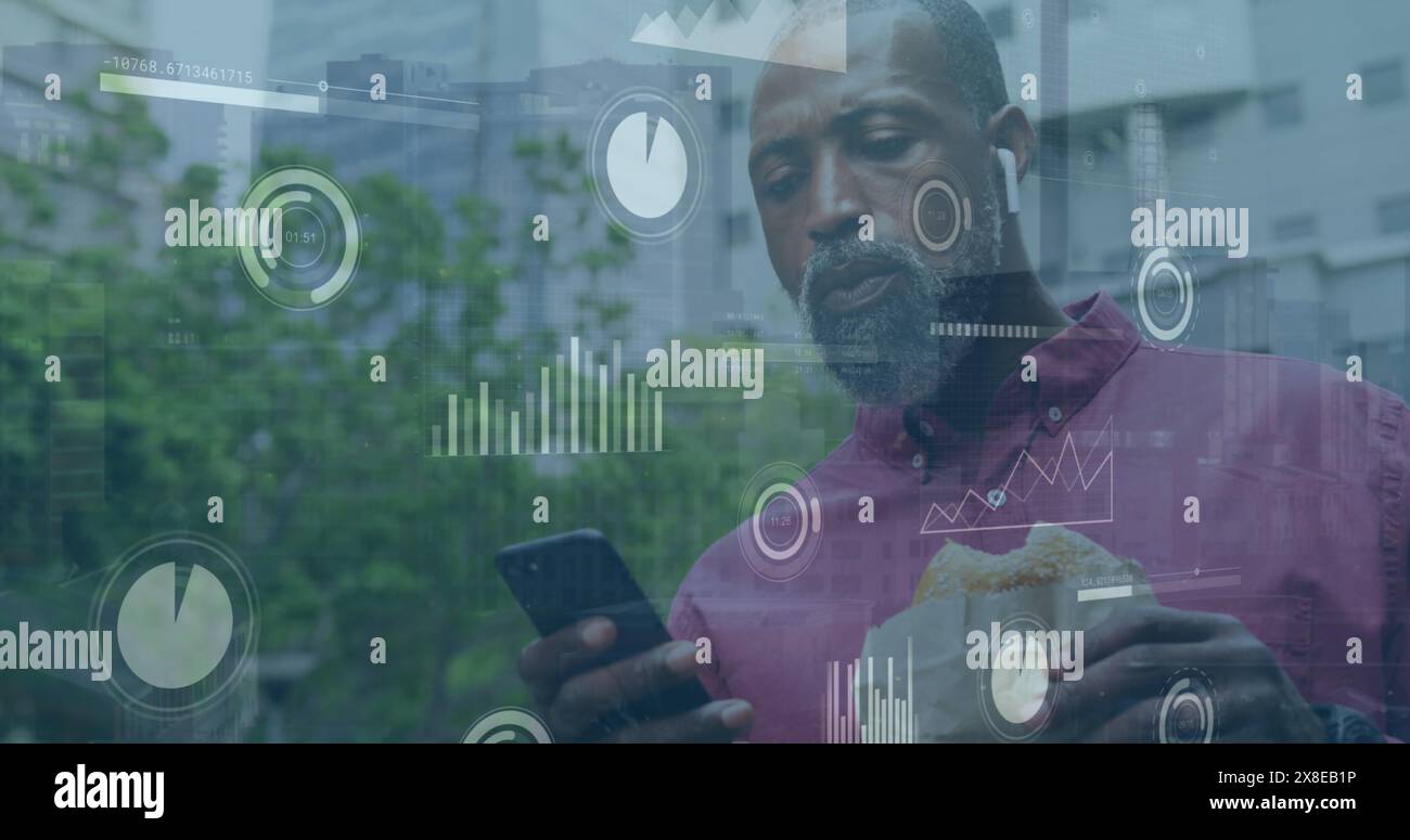 Image of graphs, loading bars, circles, african american man using ...