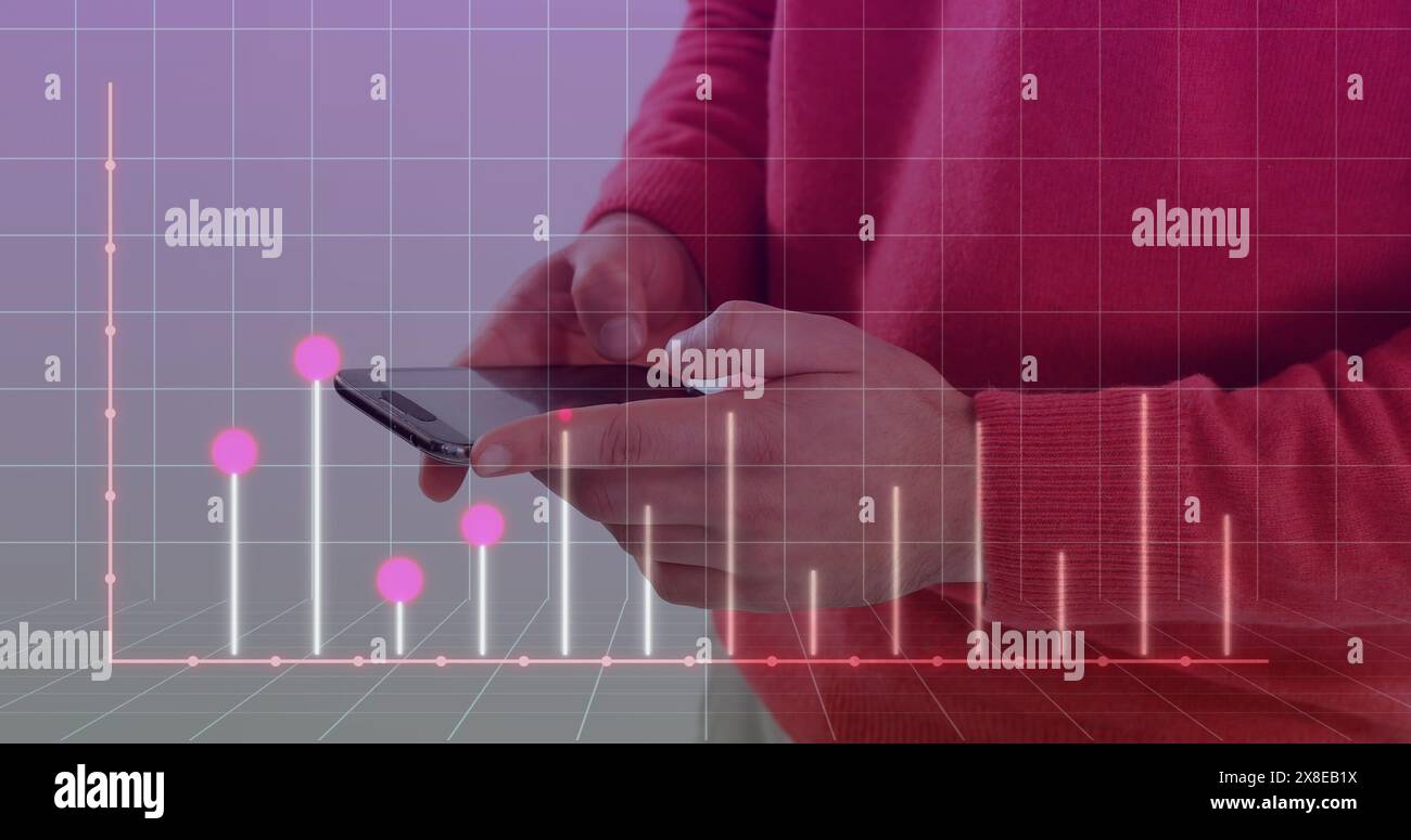 Image of graph on grid pattern over midsection of man standing and ...