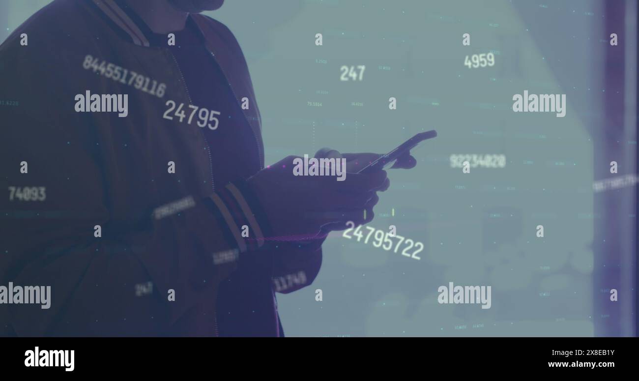 Image of changing numbers, graphs, cropped legs over caucasian man ...