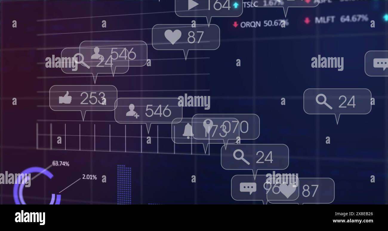 Image of notification bars, graphs with changing numbers, trading board ...