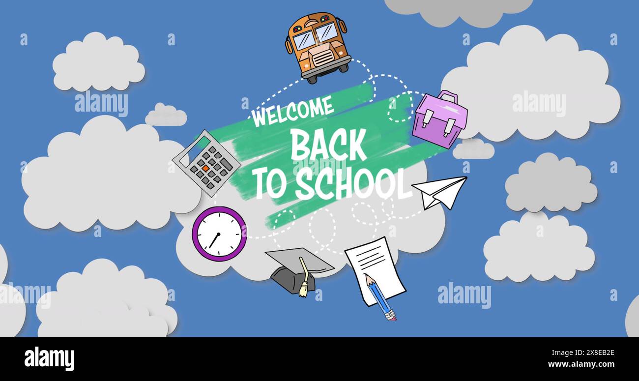 A school bus, backpack, and supplies filling blue background Stock ...