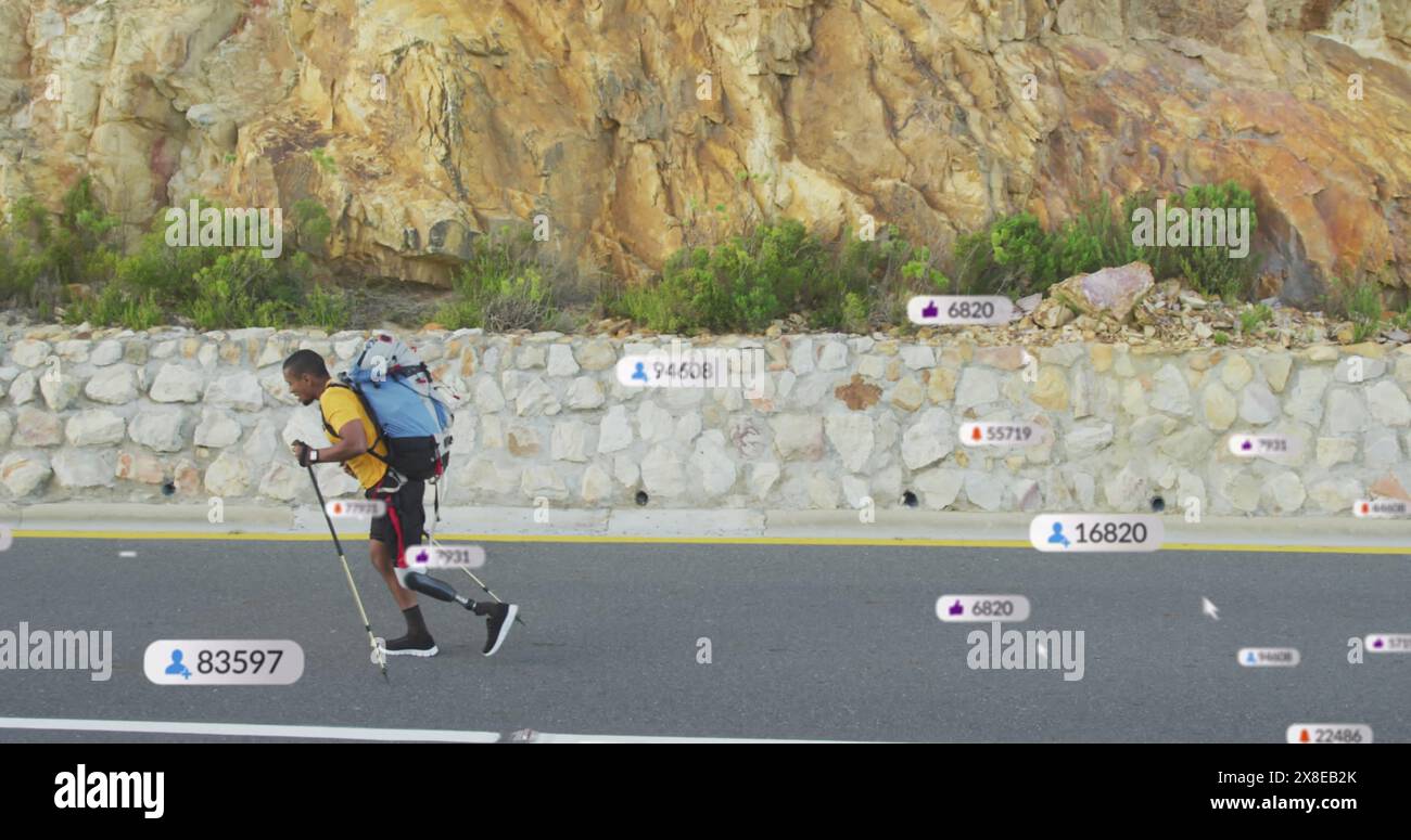 Image of notification bars, african american athlete struggling to walk ...