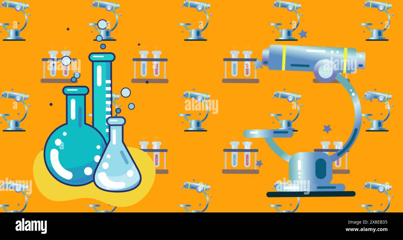 Colorful microscopes and flasks filling bright orange background. Each ...