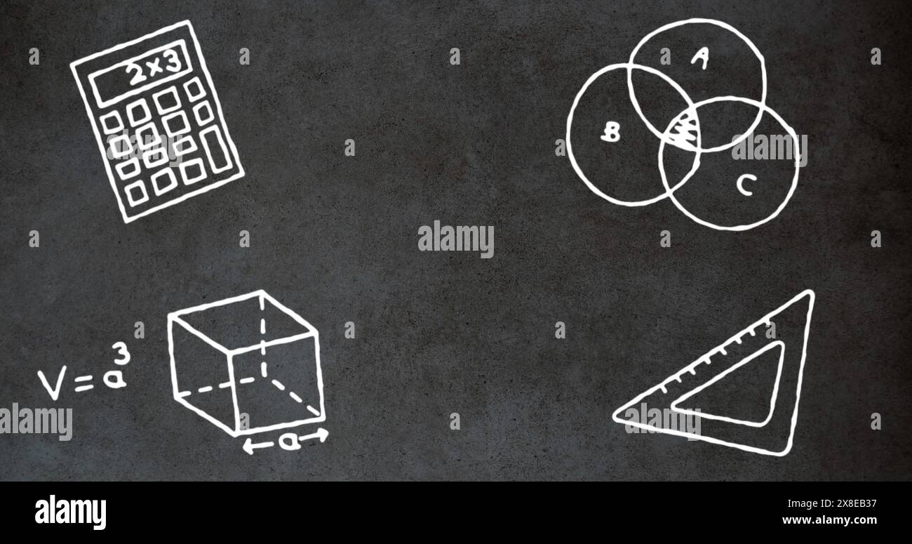School blackboard displays various mathematical symbols and diagrams ...